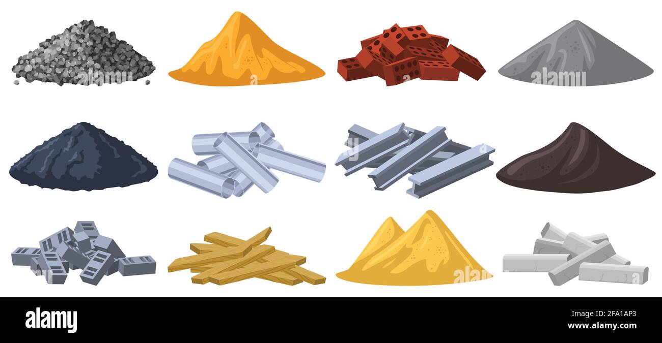 Construction materials. Building material piles, gravel, sand, bricks ...