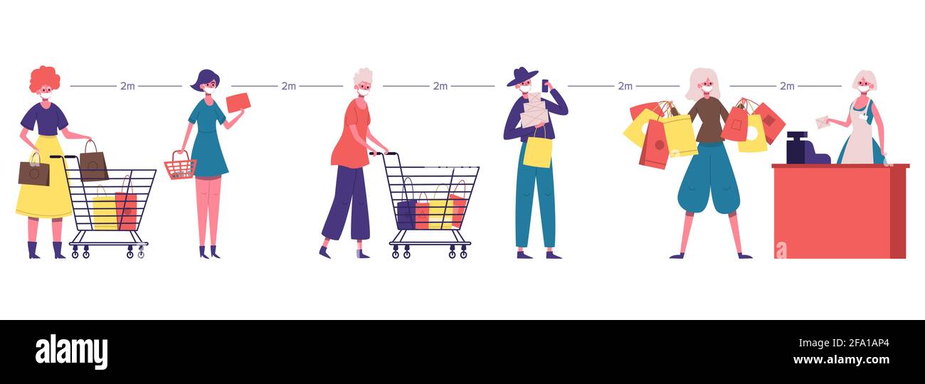 Supermarket line. Social distancing people queue, safe distance at ... Supermarket line. Social distancing people queue, safe distance at ...