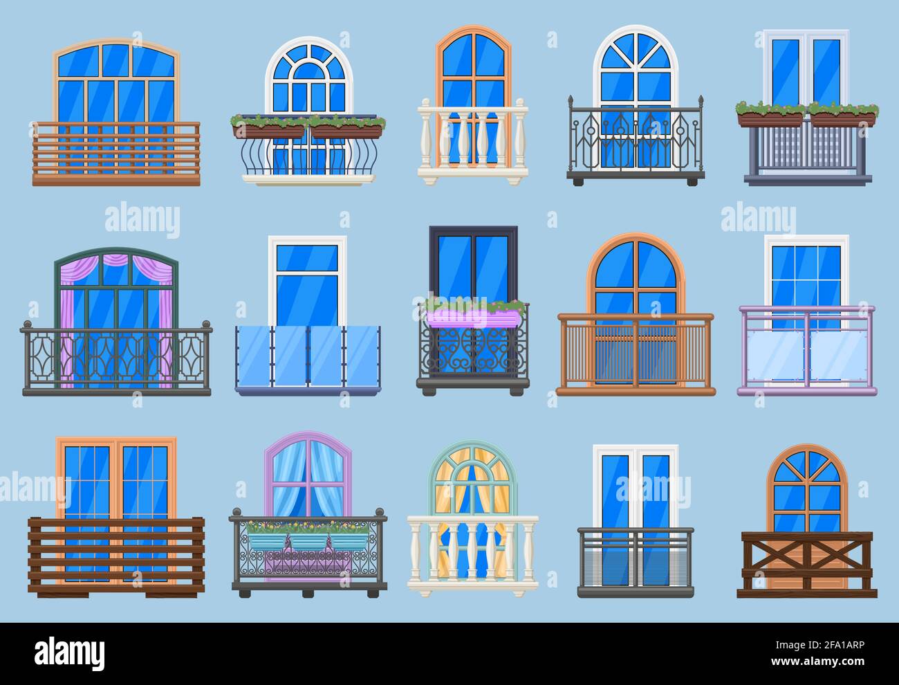 House facade balconies. Balcony, terrace fencing, house architecture ...