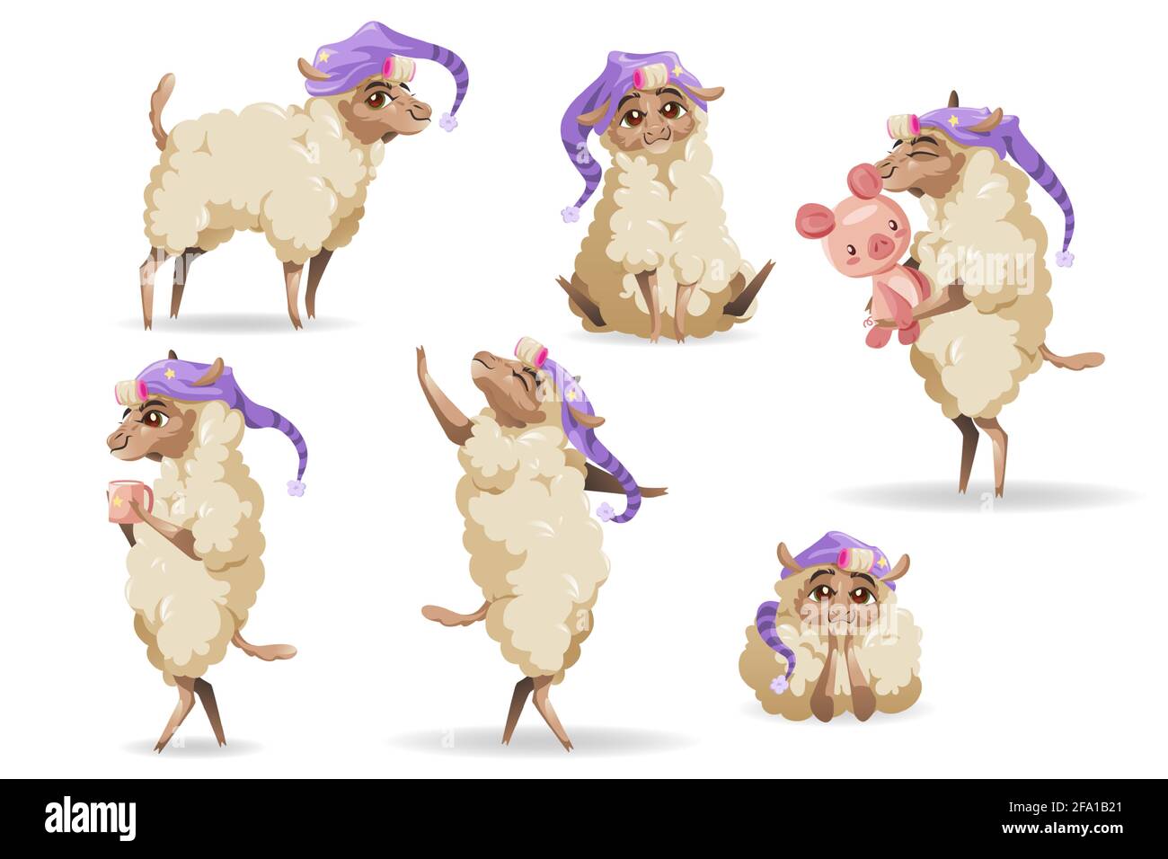 Cute sheep character in sleeping hat in different poses isolated on ...