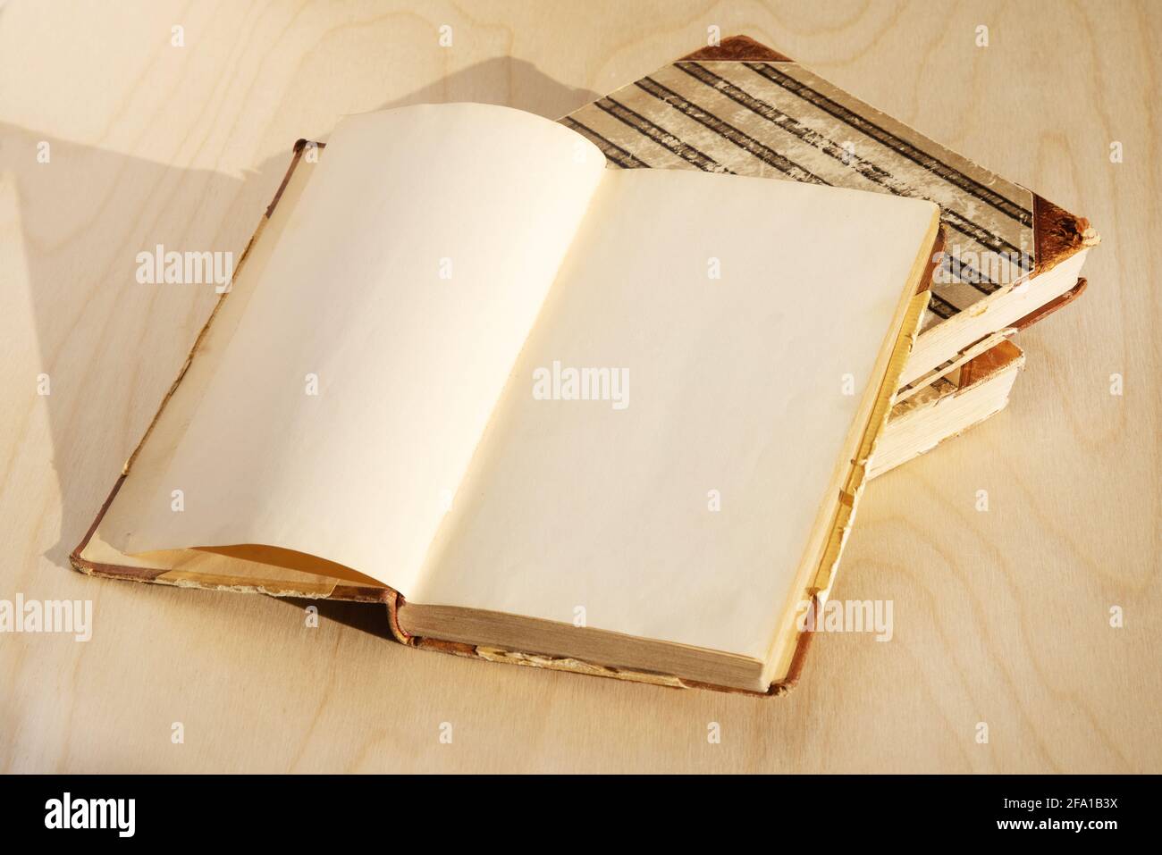 Old vintage book on wooden table. Open book with blank pages Stock ...