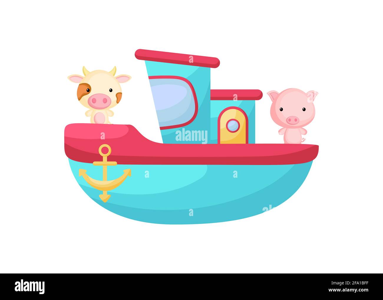 Cute little cow and pig sailing on turqoise ship. Cartoon character for ...