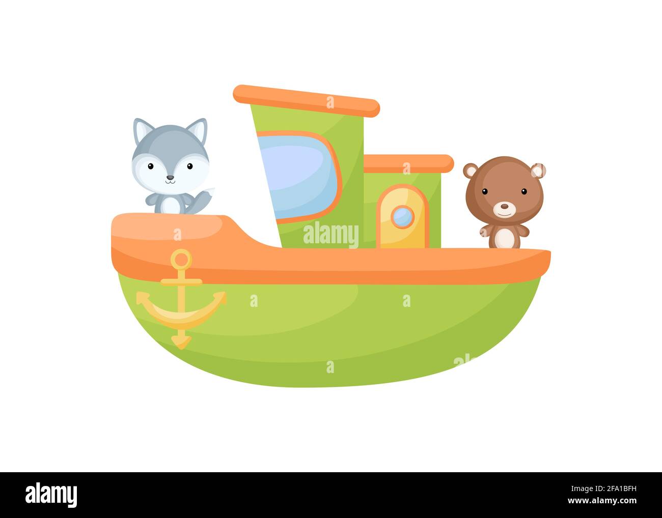 Cute little wolf and bear sailing on green ship. Cartoon character for ...