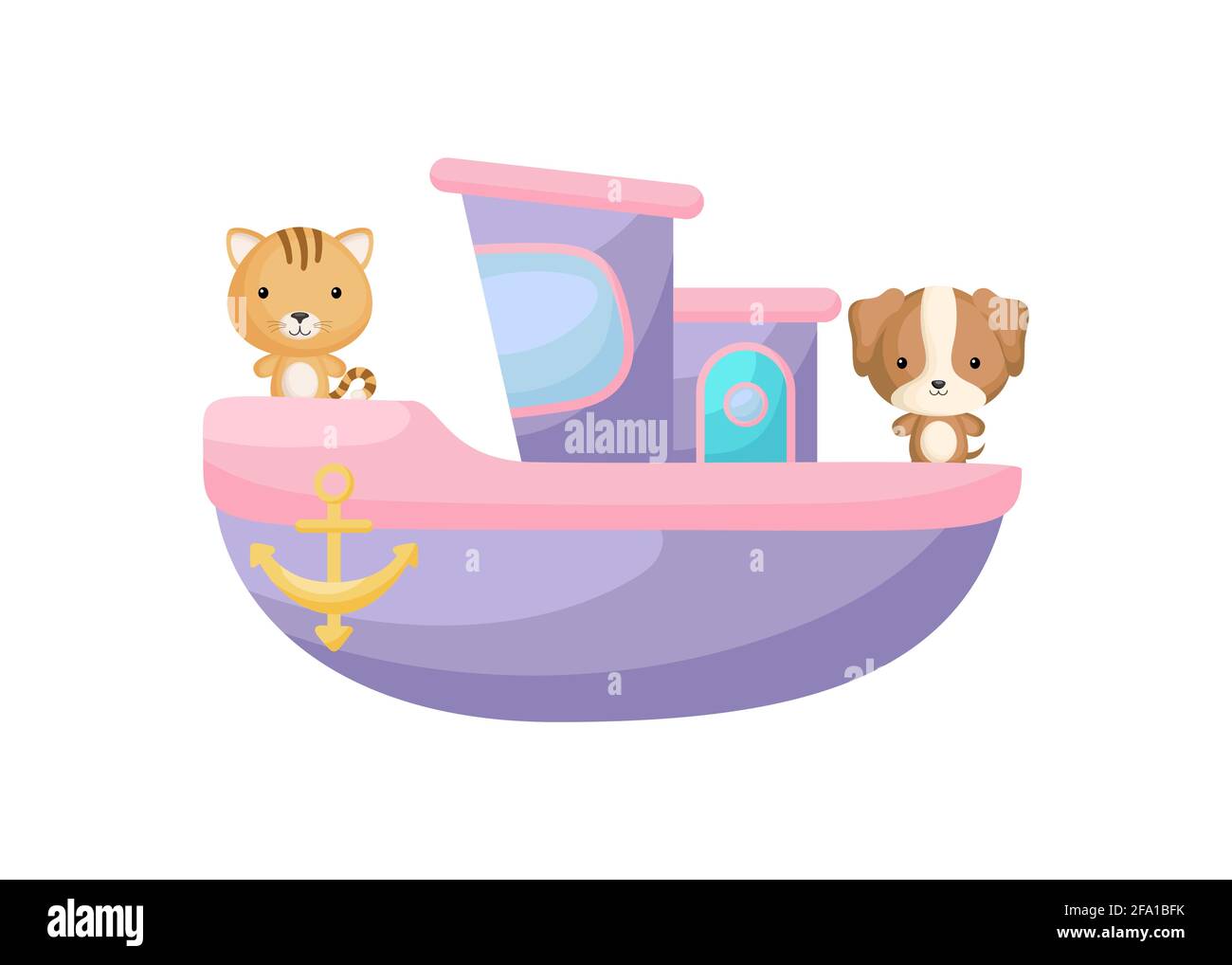 Cute little cat and dog sailing on violet ship. Cartoon character for ...