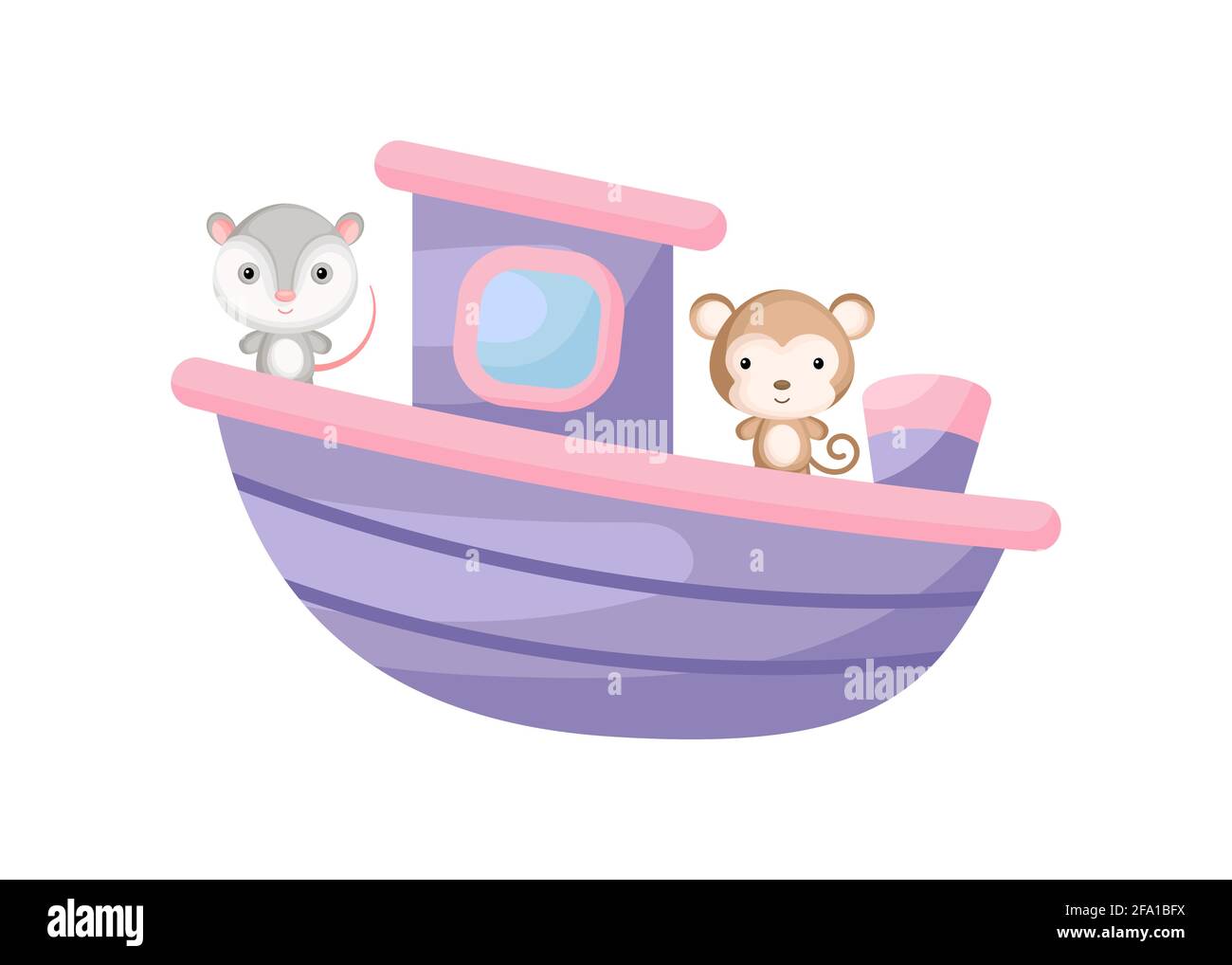 Cute little opossum and monkey sailing on violet ship. Cartoon ...