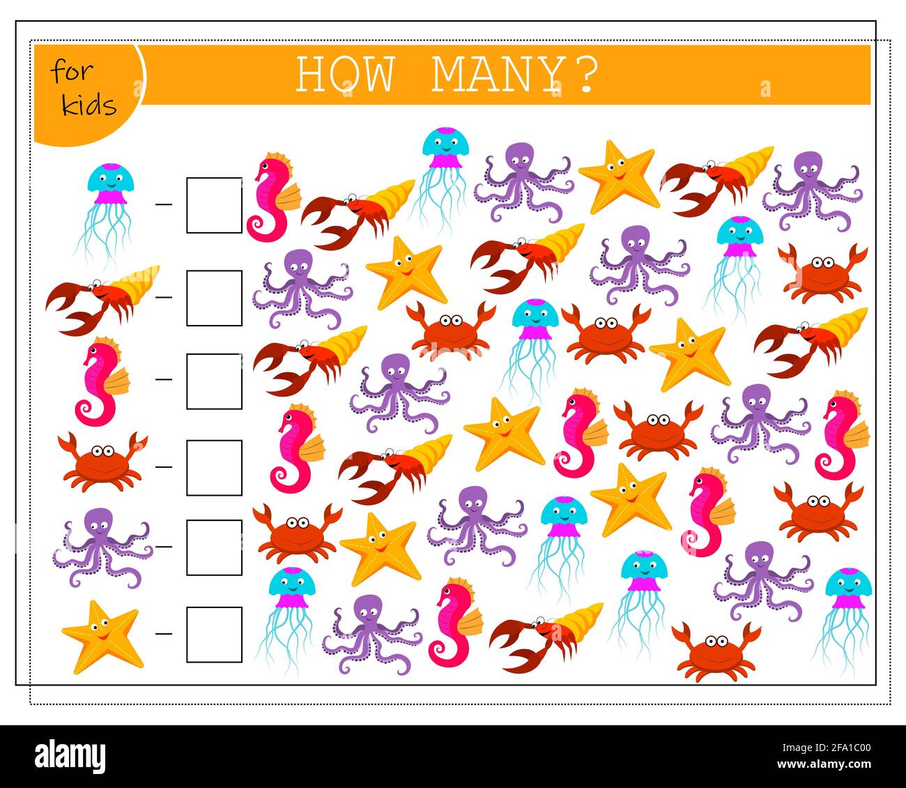 Math game for kids count how many of them there are. crabs, crayfish ...