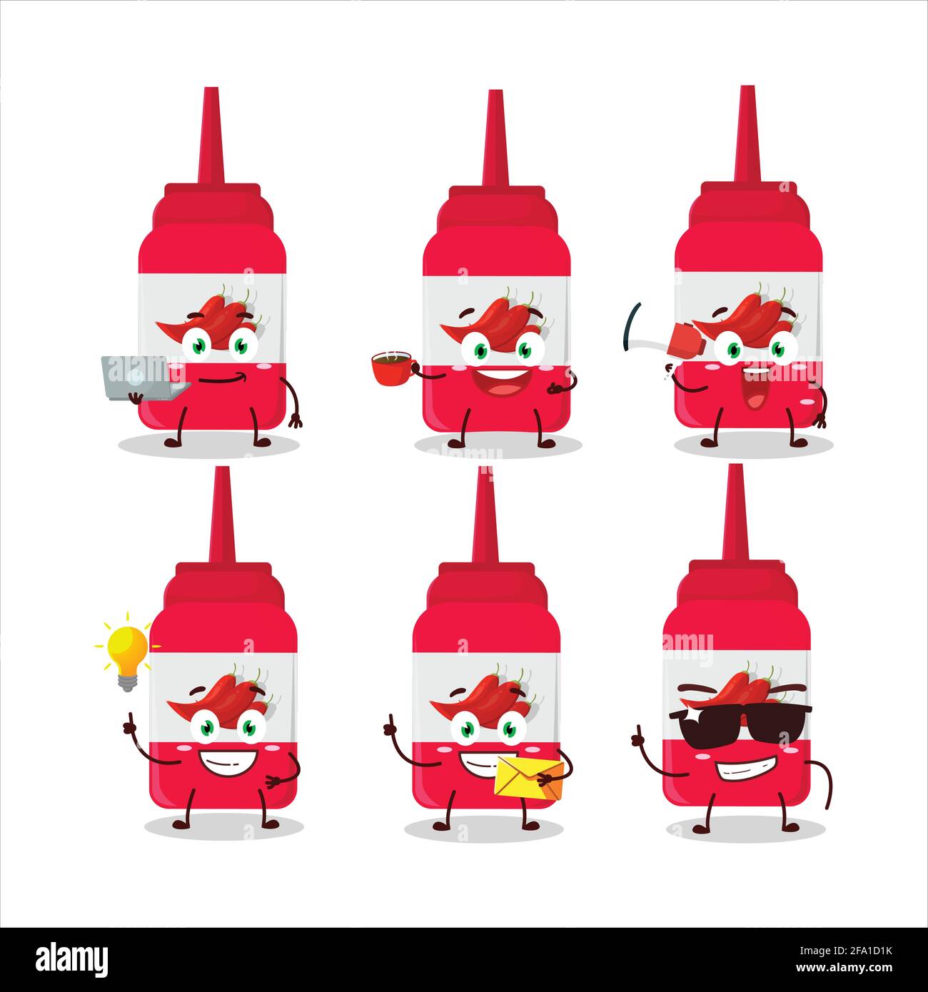 Hot sauce cartoon character with various types of business emoticons ...