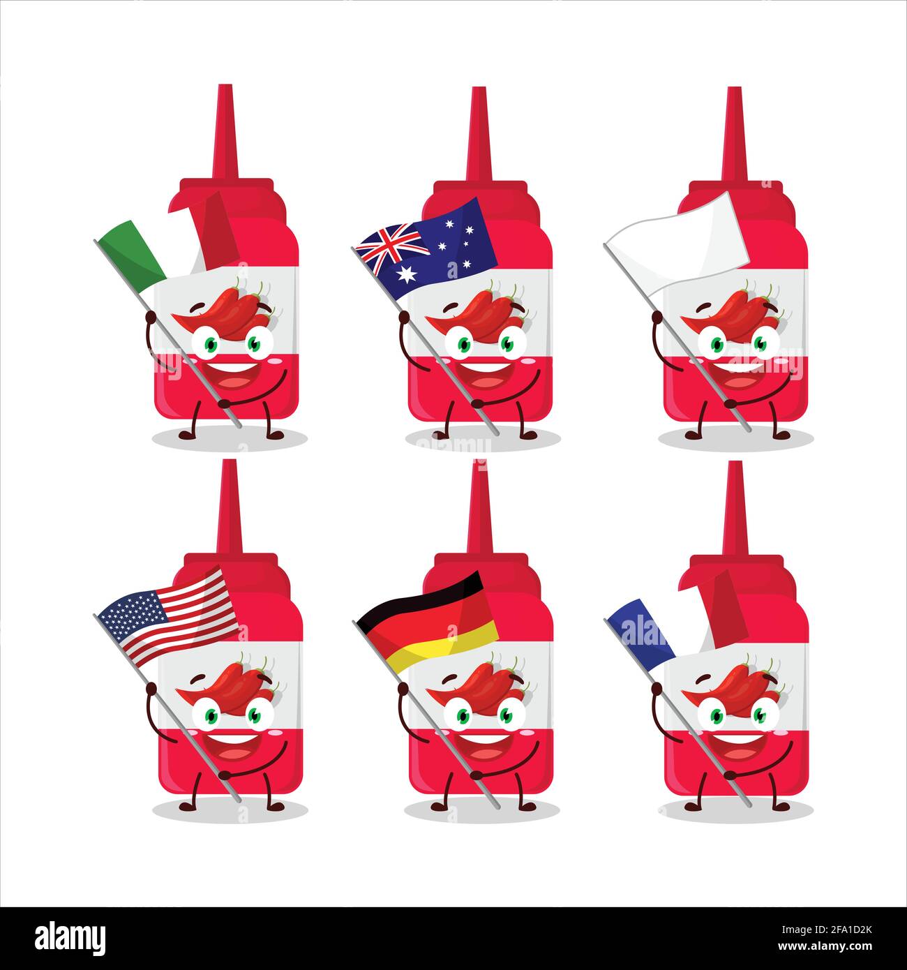 Hot sauce cartoon character bring the flags of various countries ...