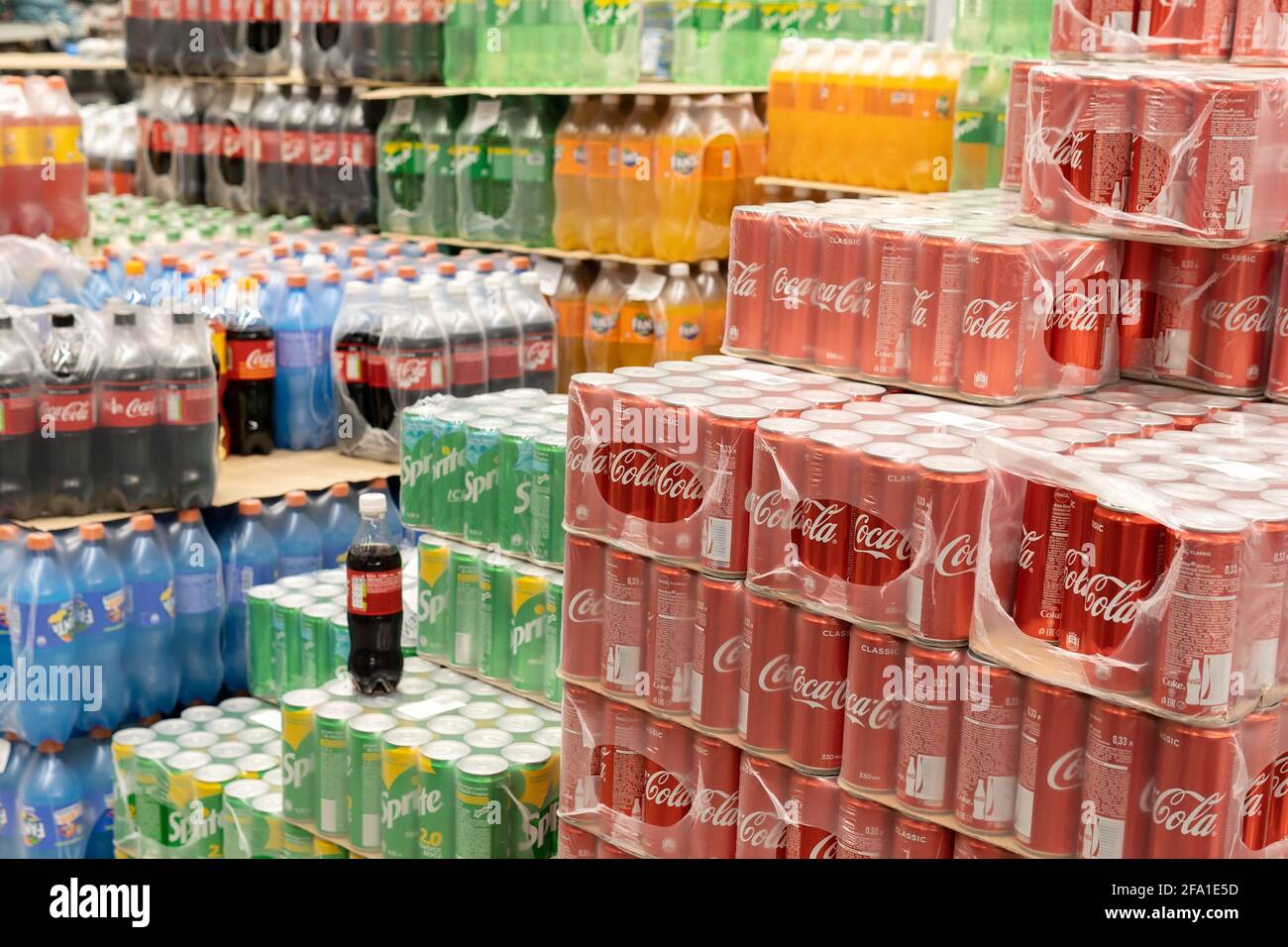 Tyumen, Russia-November 07, 2020: Plastic bottles of Coca Cola on ... Tyumen, Russia-November 07, 2020: Plastic bottles of Coca Cola on ...