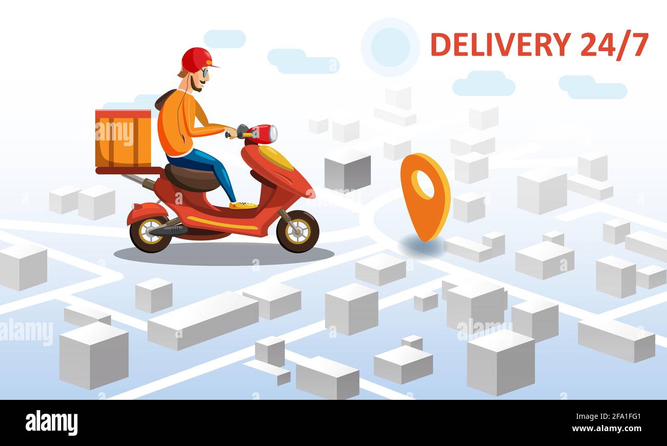 Delivery by scooter moped on mobile tracking online, map isometric ...