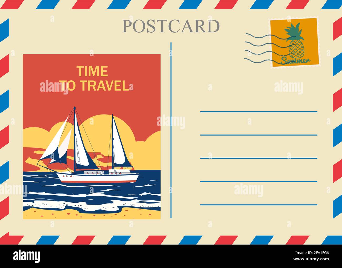 Postacrd summer vintage Sailboat ocean. Vacation travel design card ...