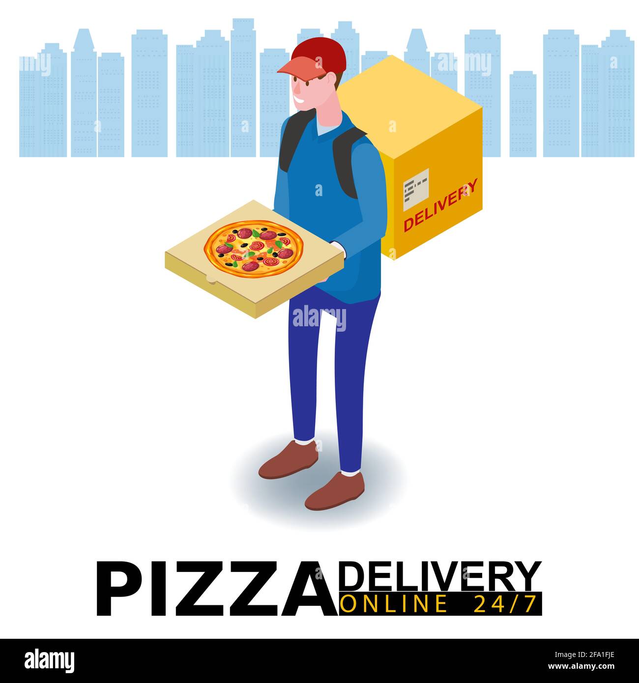 Isometry Pizza delivery courier man with package fast food pizza ...