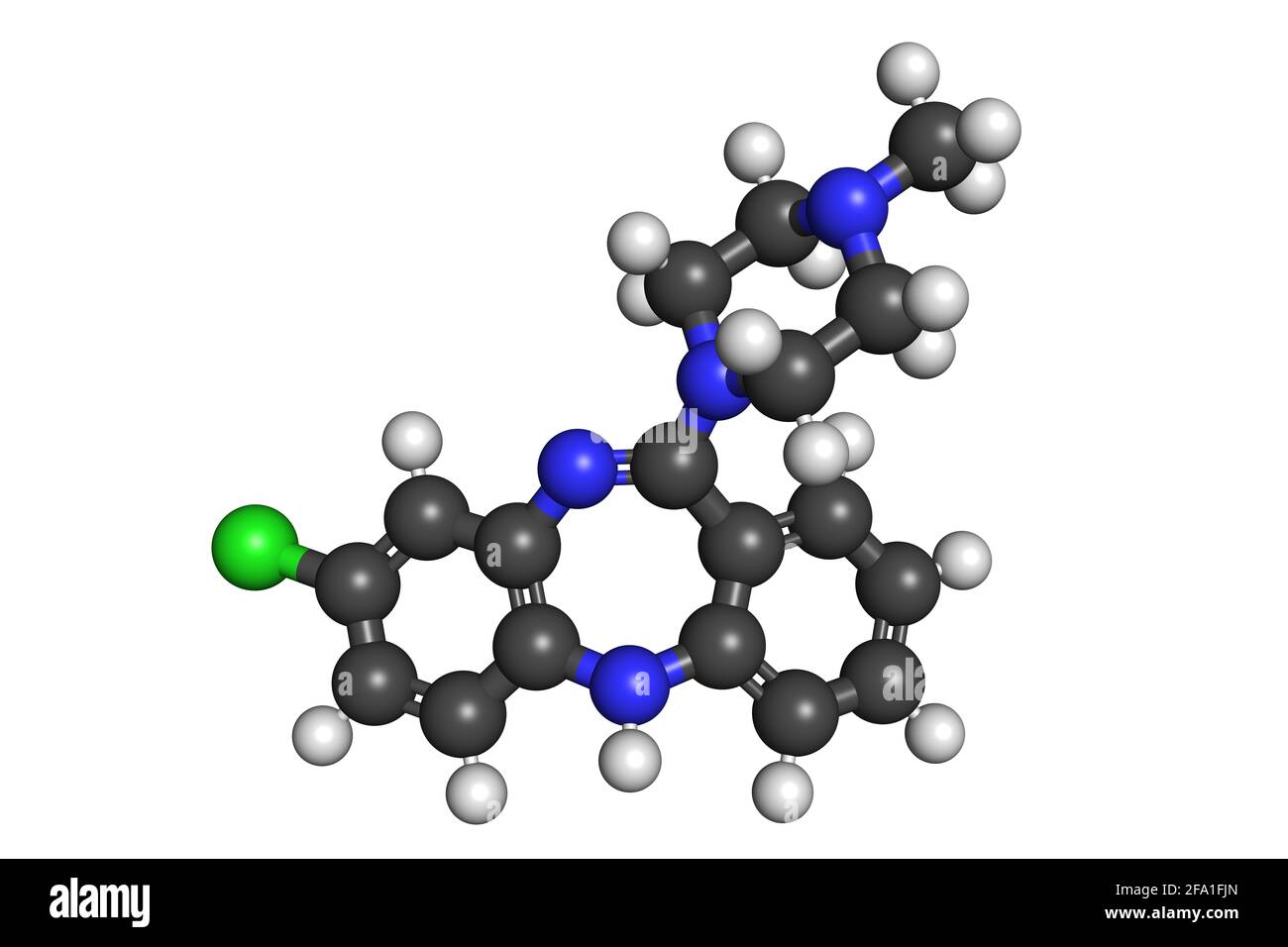 Clozapine atypical antipsychotic medication molecule 3D render chemical ...