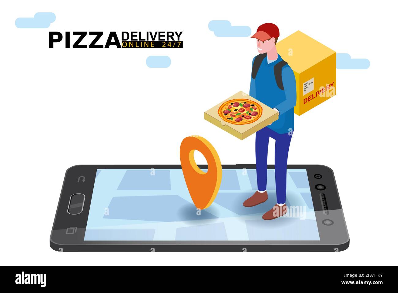Isometry Pizza delivery courier man with package fast food pizza ...
