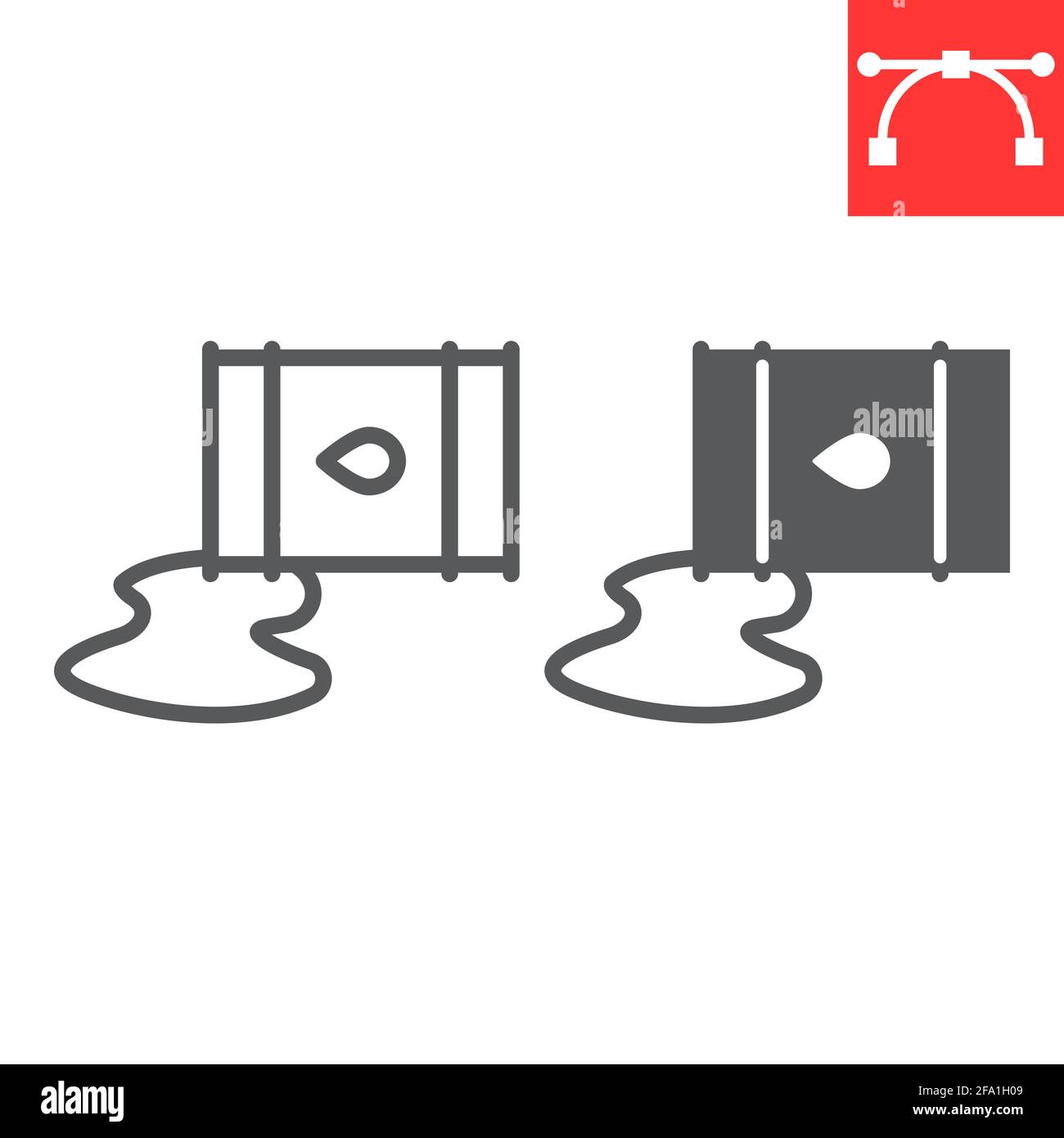 Oil spill line and glyph icon, spilled oil and fuel, oil barrel leak ...