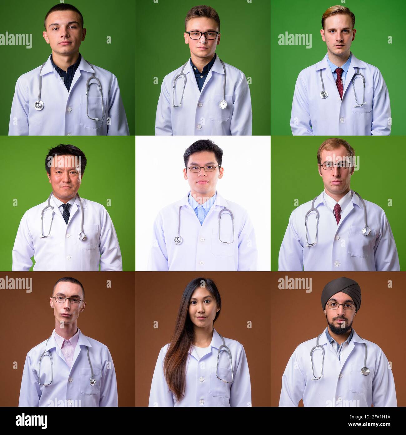 Portraits of doctors and healthcare workers looking at camera shot in ...