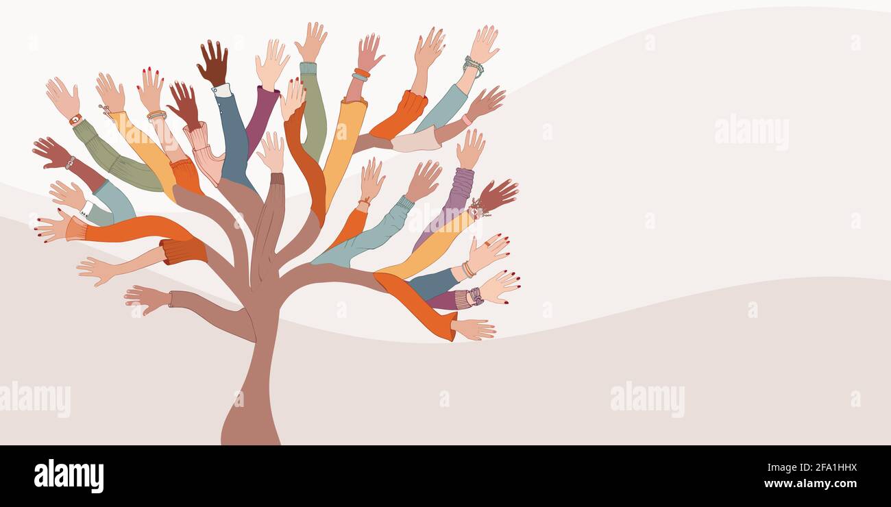 Group of hands of diverse and multi-ethnic people.Tree with branches ...