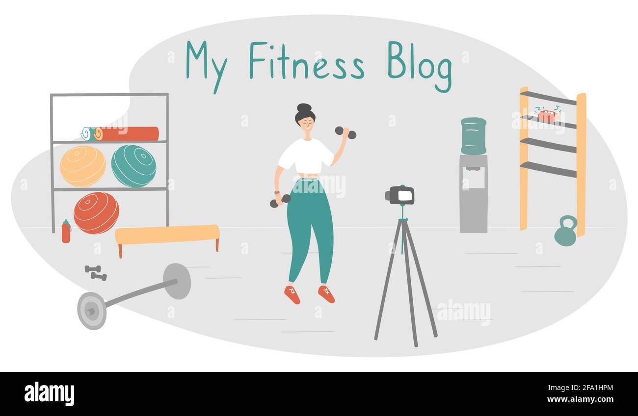 Fitness blog. Trainer records videos for her followers. Remote workout ...
