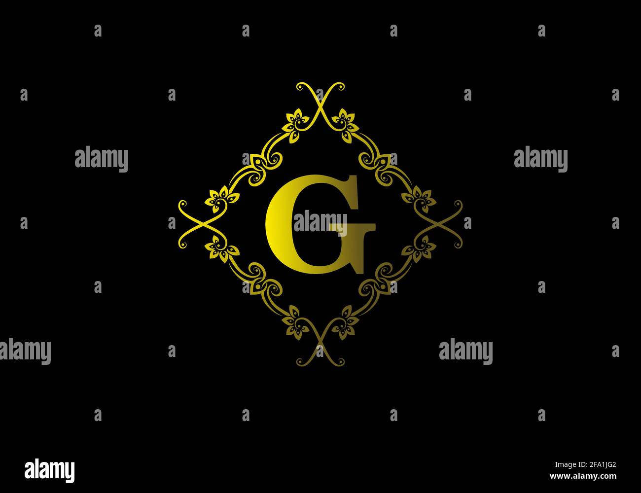 Gradient yellow gold color of G initial letter in vintage frame design ...