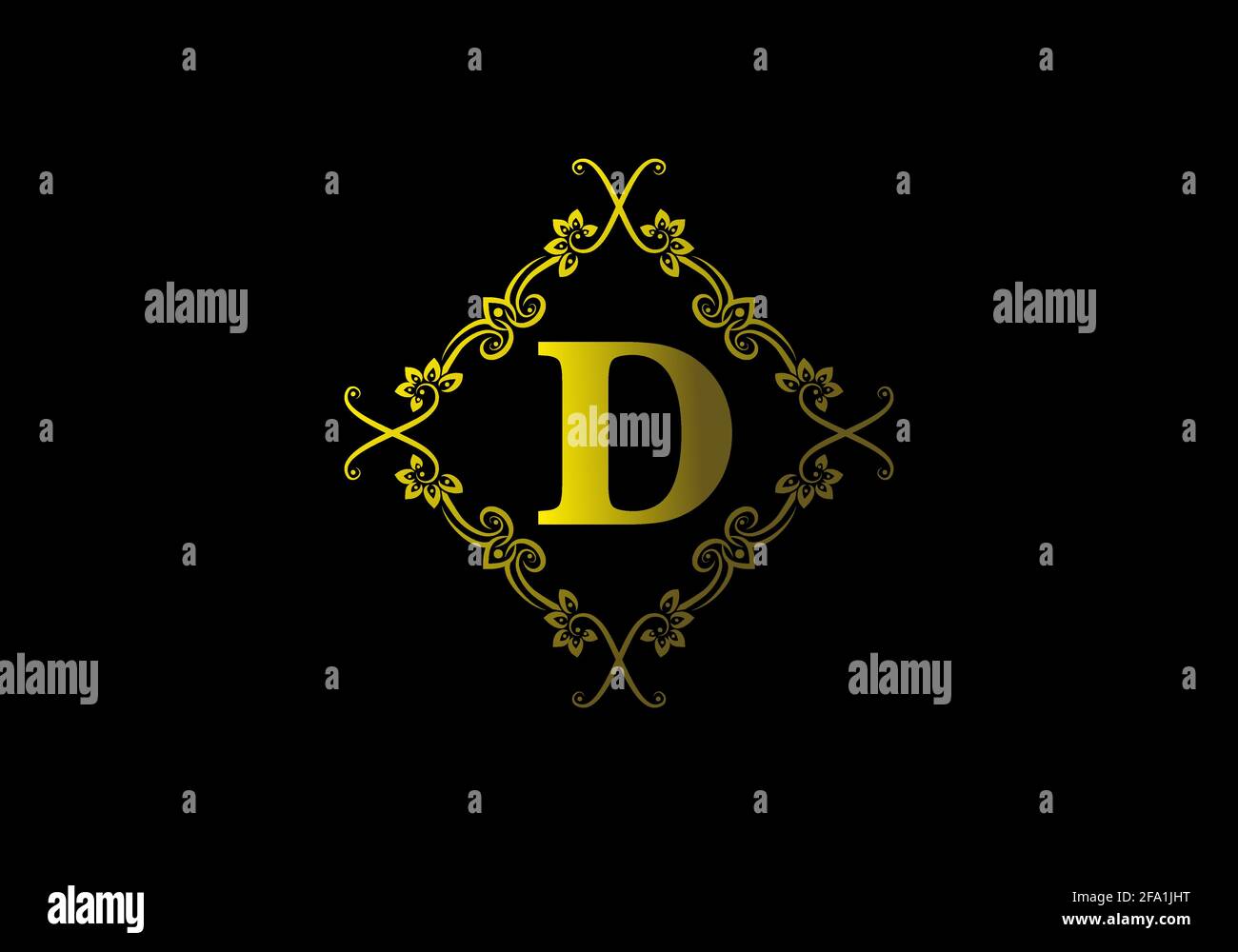 Gradient yellow gold color of D initial letter in vintage frame design ...