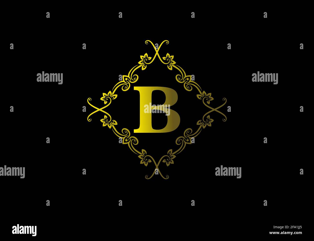 Gradient yellow gold color of B initial letter in vintage frame design ...