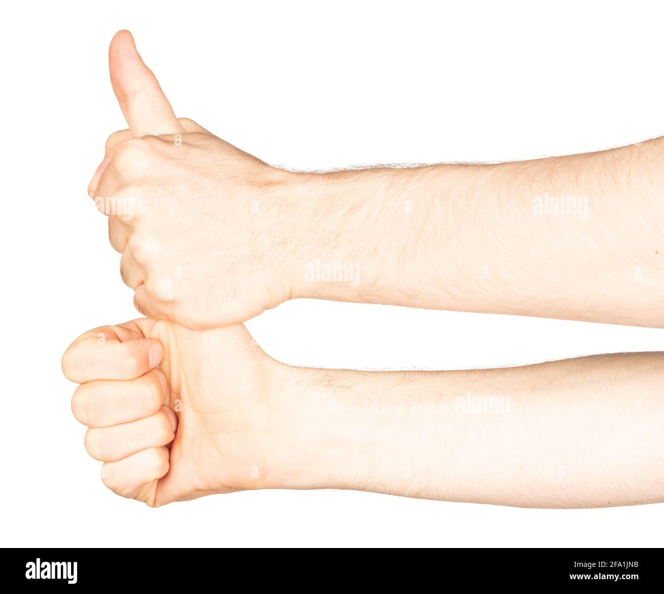 Weird thumb up of man`s hand isolated on white background with clipping ...