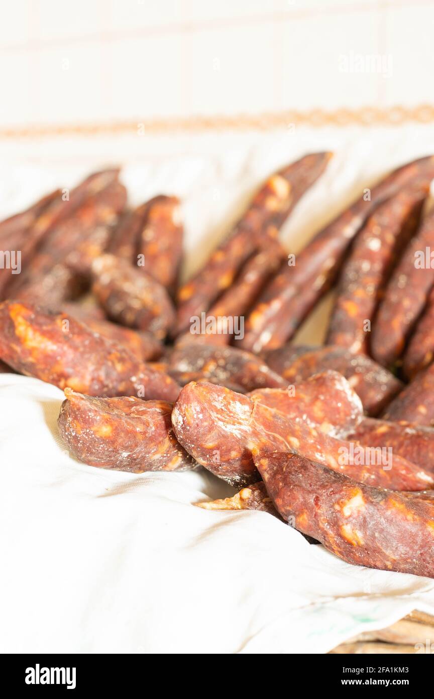 Dried aged red salami from Castelpoto Stock Photo - Alamy