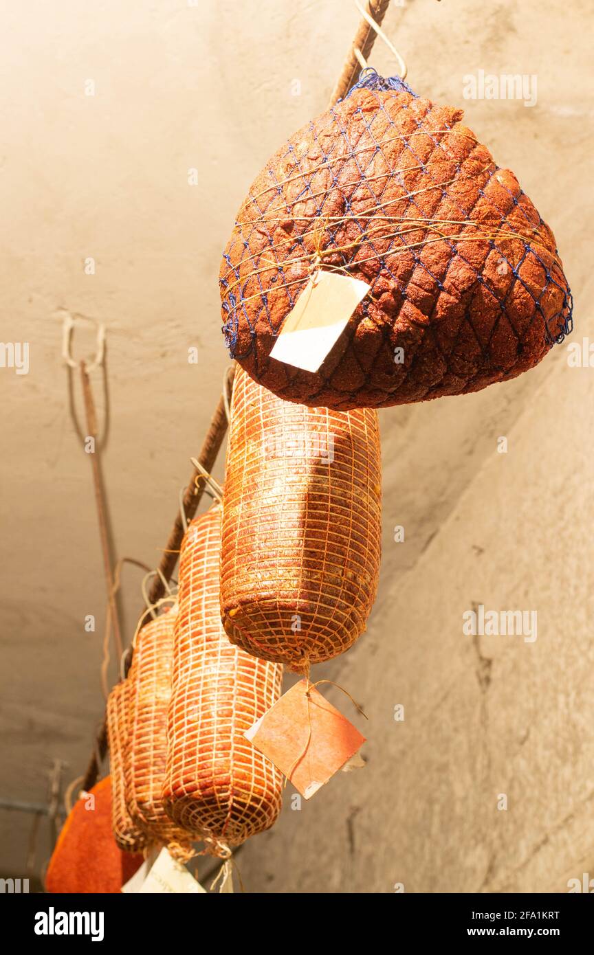 Drying pork legs or prosciutto, preparing legs with salt and leaving ...