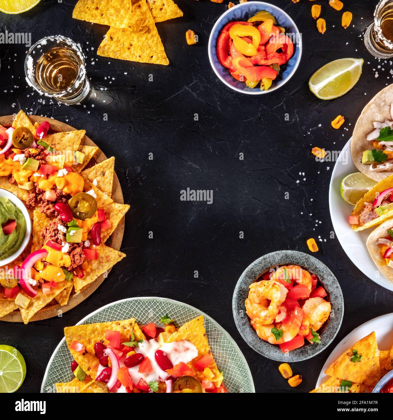 Mexican food square banner with nacho chips and tequila, shot from ...