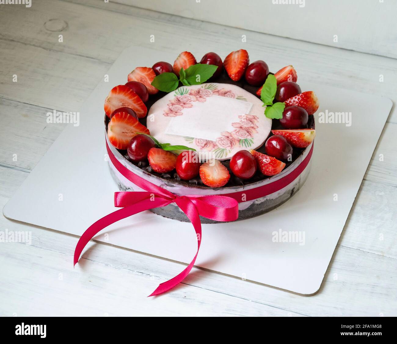 strawberry vanilla cheesecake with food print, decorated with silk ...