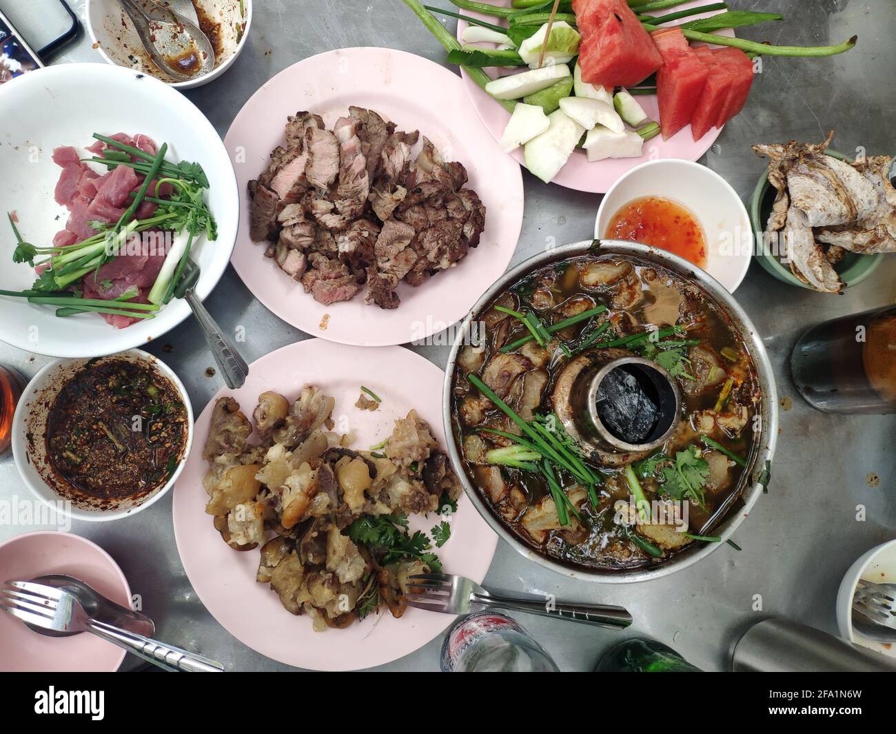Top View of The Real Esan Food. Raw Beef Source and Soup from North ...