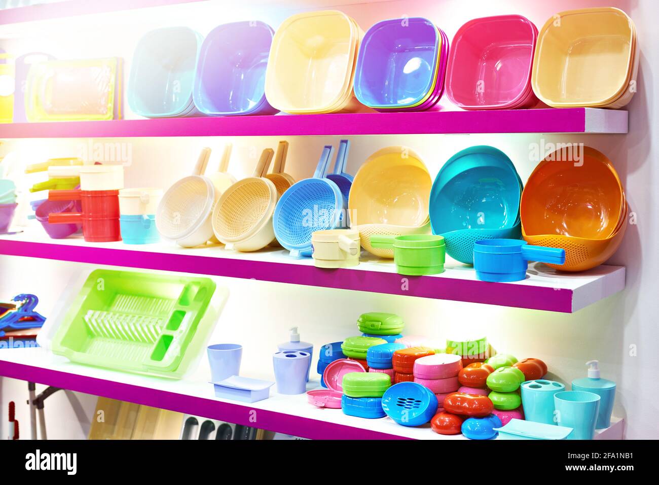 Plastic kitchenware in the household goods store Stock Photo - Alamy