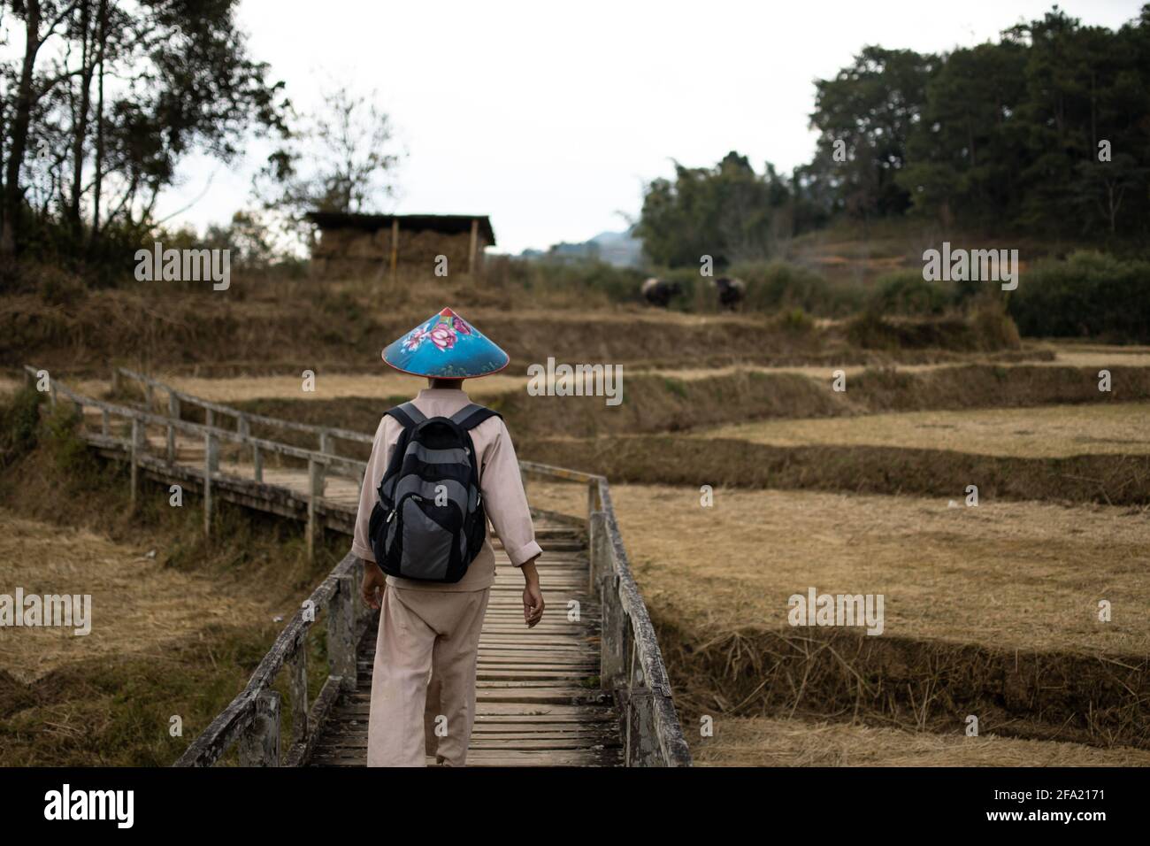 Burmese man in traditional clothing and a colorful blue hat trek a ...
