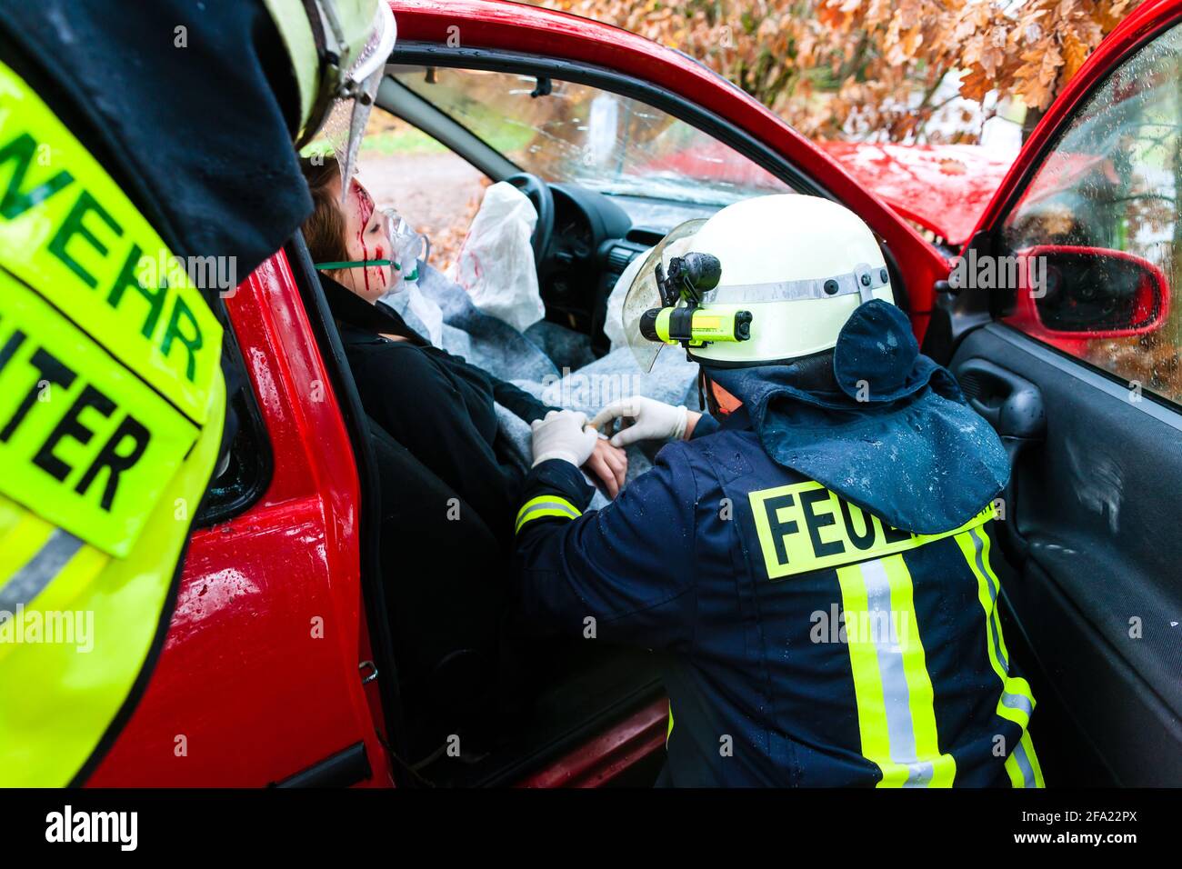 Accident - Fire brigade rescues accident Victim of a car, firefighter ...