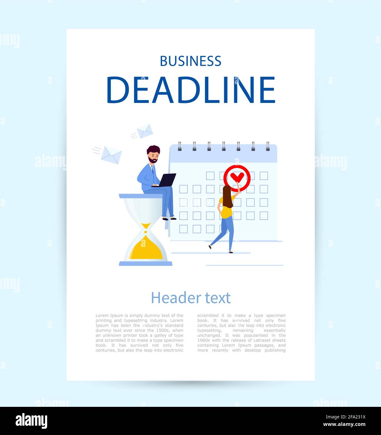 Flyer with title Business deadline. Man in a suit is sitting on a large ...