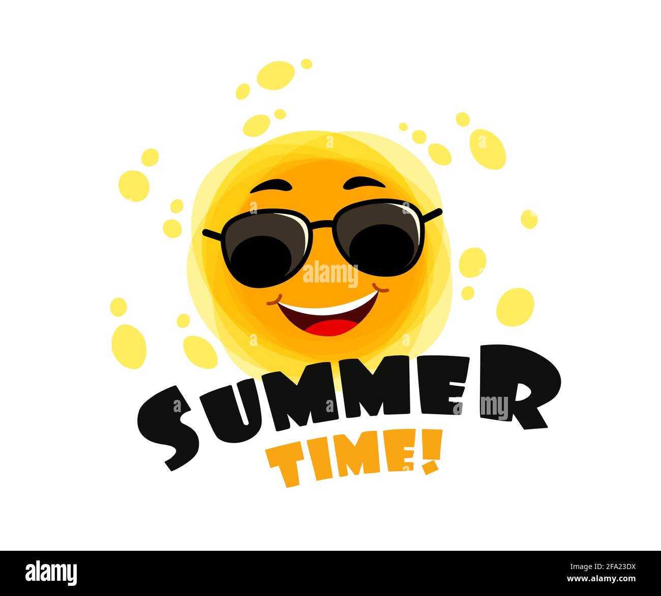 Funny sun with text Summer Time. Yellow Cute sunshine cartoon character ...
