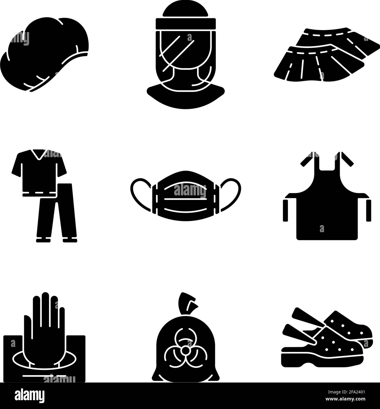 Disposable medical uniform black glyph icons set on white space Stock ...