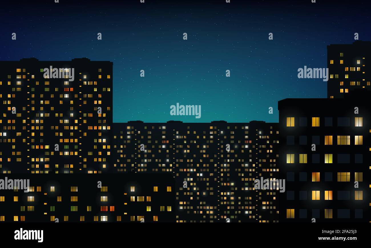 Glowing gold windows of buildings, stars in night sky. View from window ...