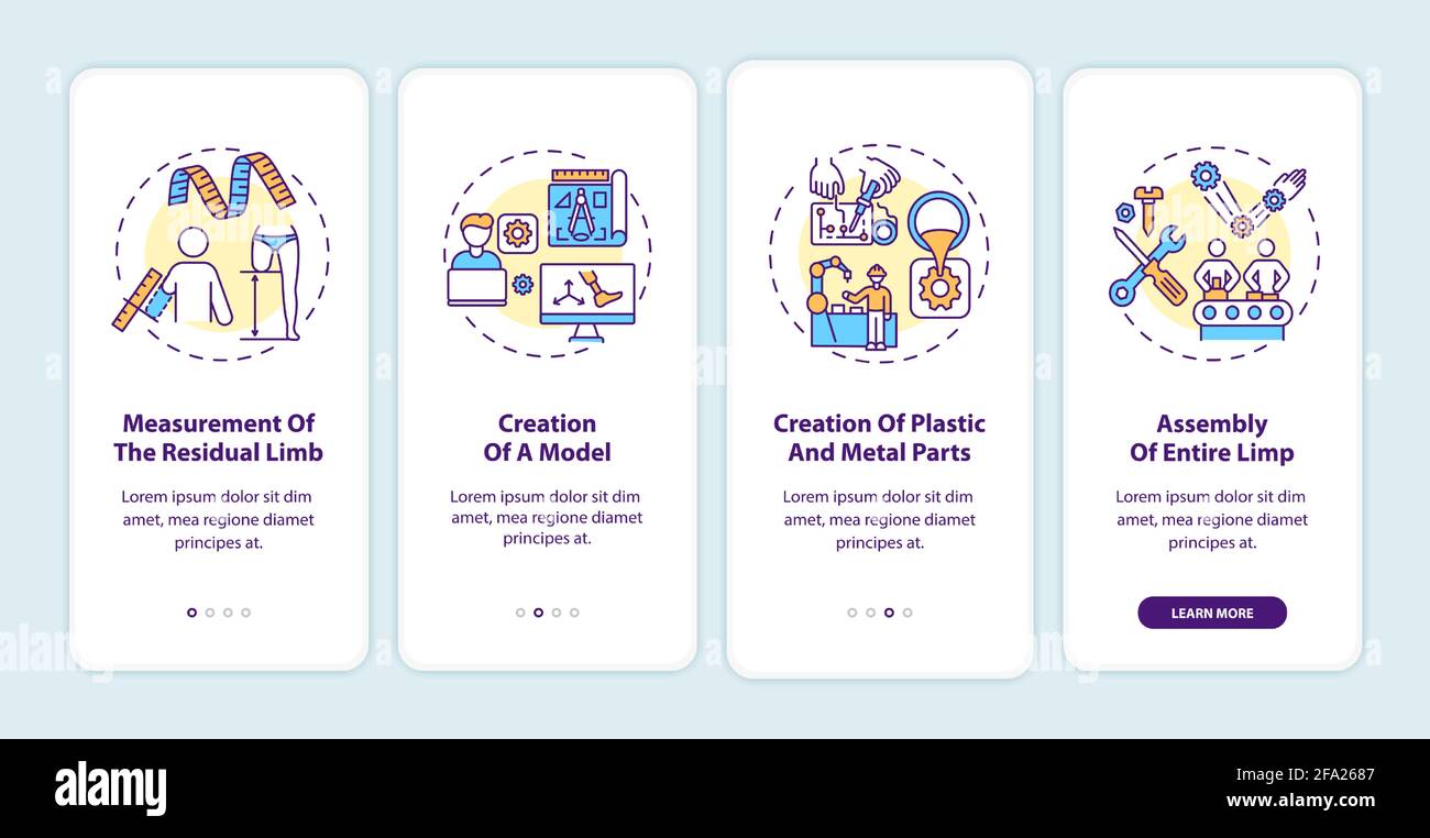 Artificial limb manufacturing steps onboarding mobile app page screen with concepts Stock Vector ...
