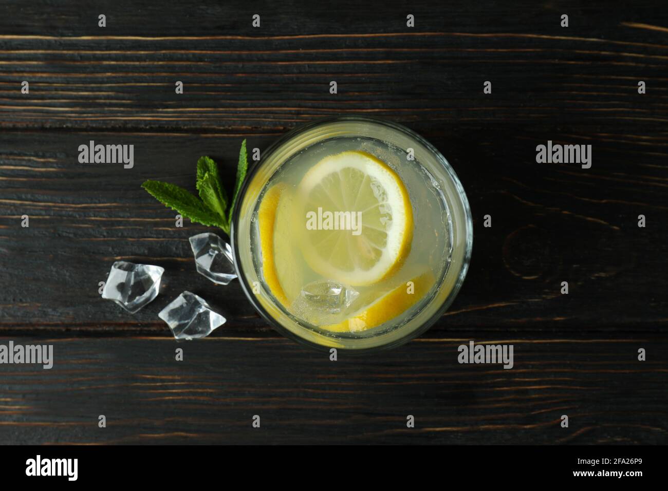 Glass of lemonade on wooden table, top view Stock Photo - Alamy
