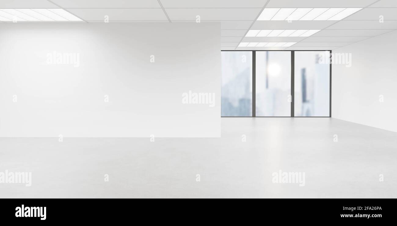big white empty loft room with big window and city view 3D render ...