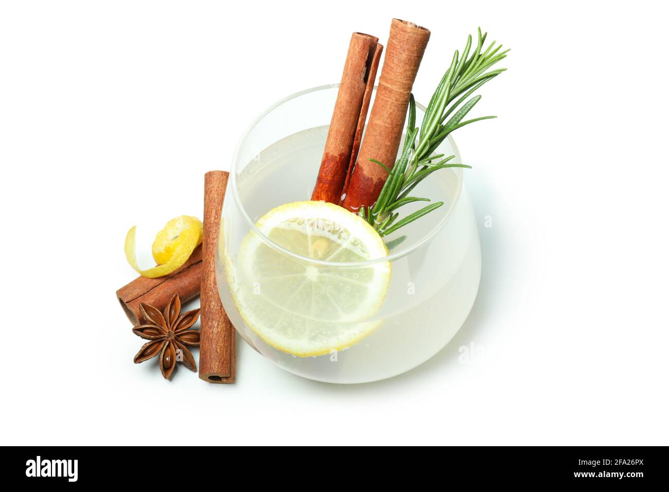 Glass of lemonade with cinnamon and rosemary isolated on white ...