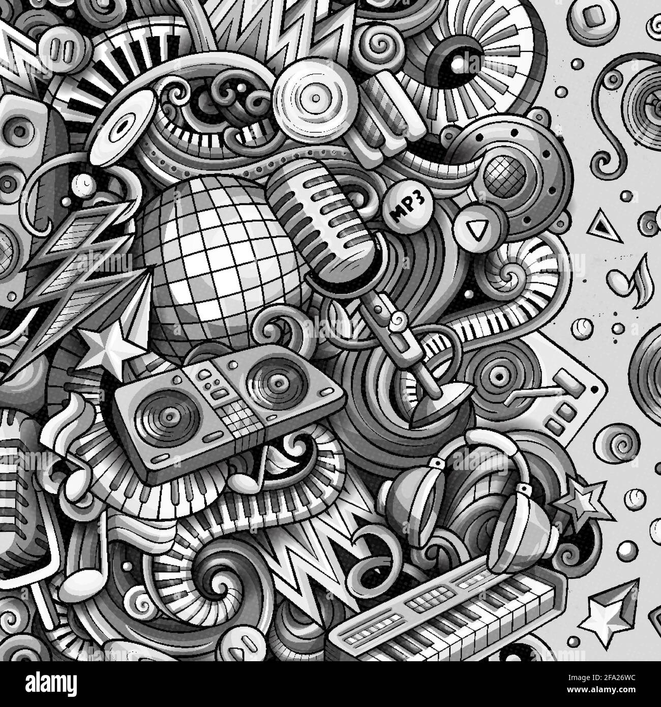 Cartoon vector doodles Disco music frame. Monochrome, detailed, with ...