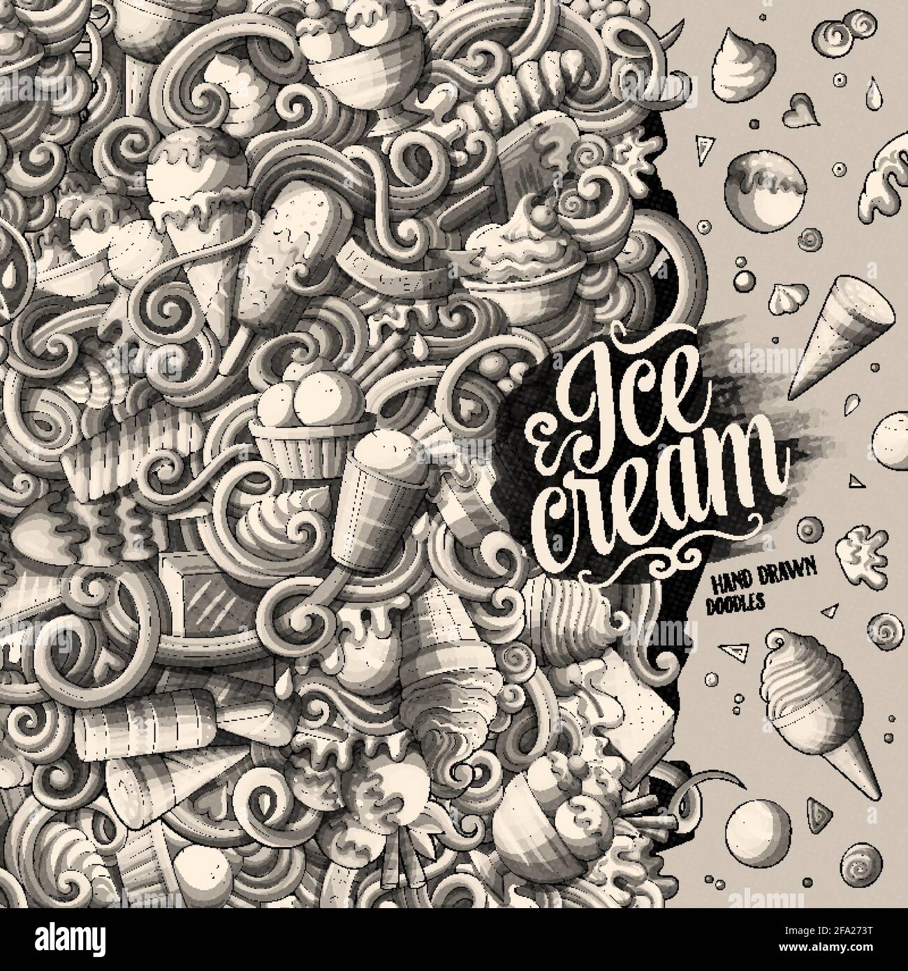 Cartoon hand-drawn doodles Ice Cream illustration. Monochrome frame ...