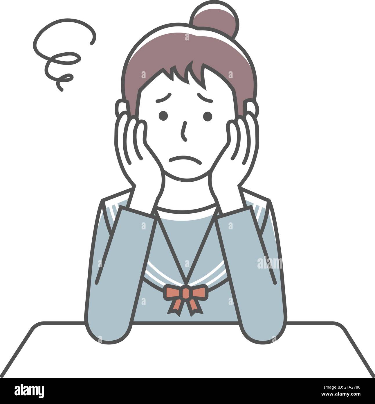 Young woman illustration sitting and rest her chin in her hands ...