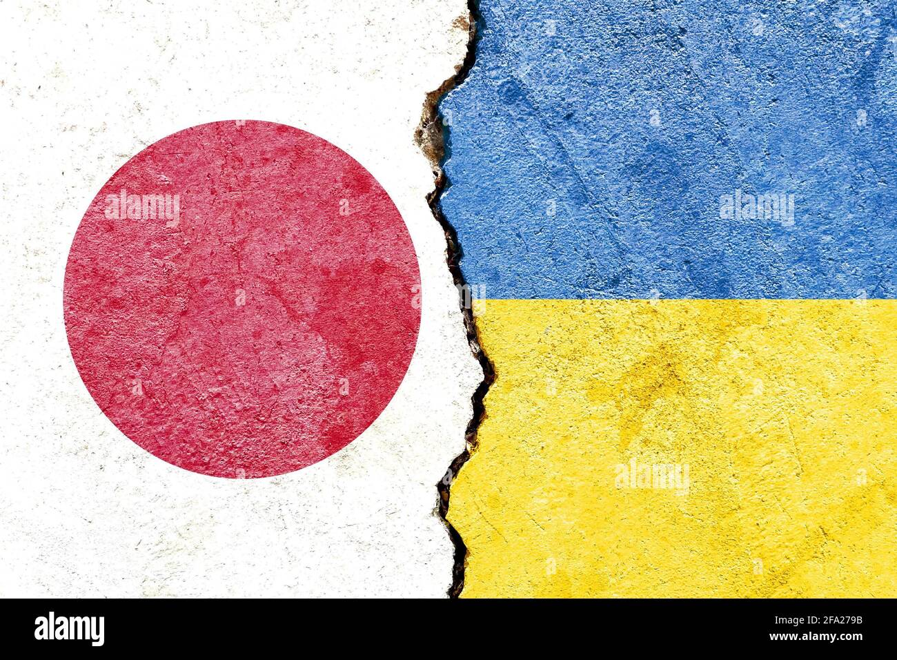 Illustration of the flags of Japan and Ukraine separated by a crack ...