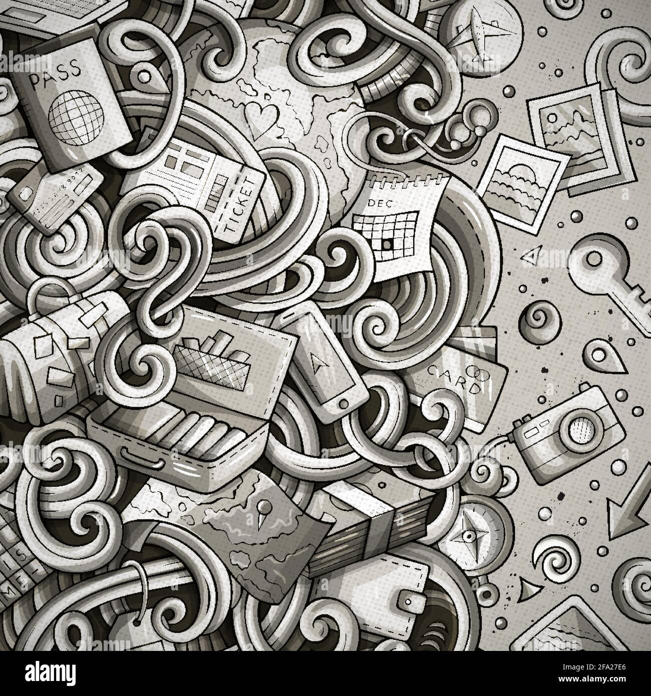 Cartoon cute doodles hand drawn Travel frame design. Monochrome ...