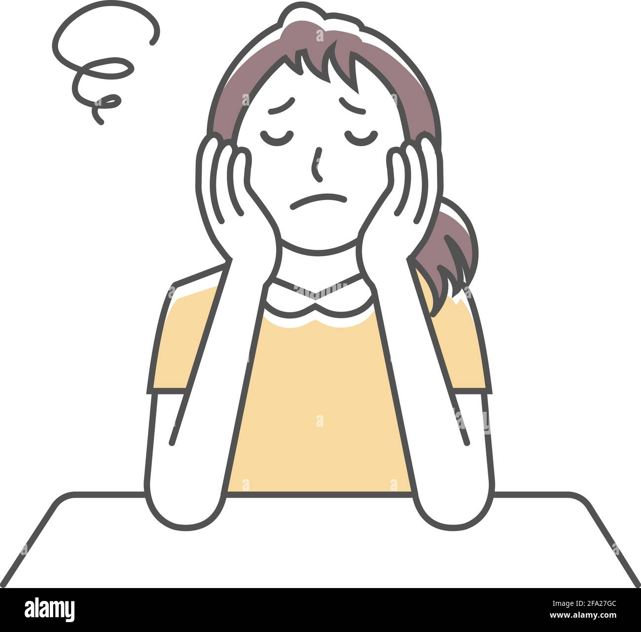 Young woman illustration sitting and rest her chin in her hands ...