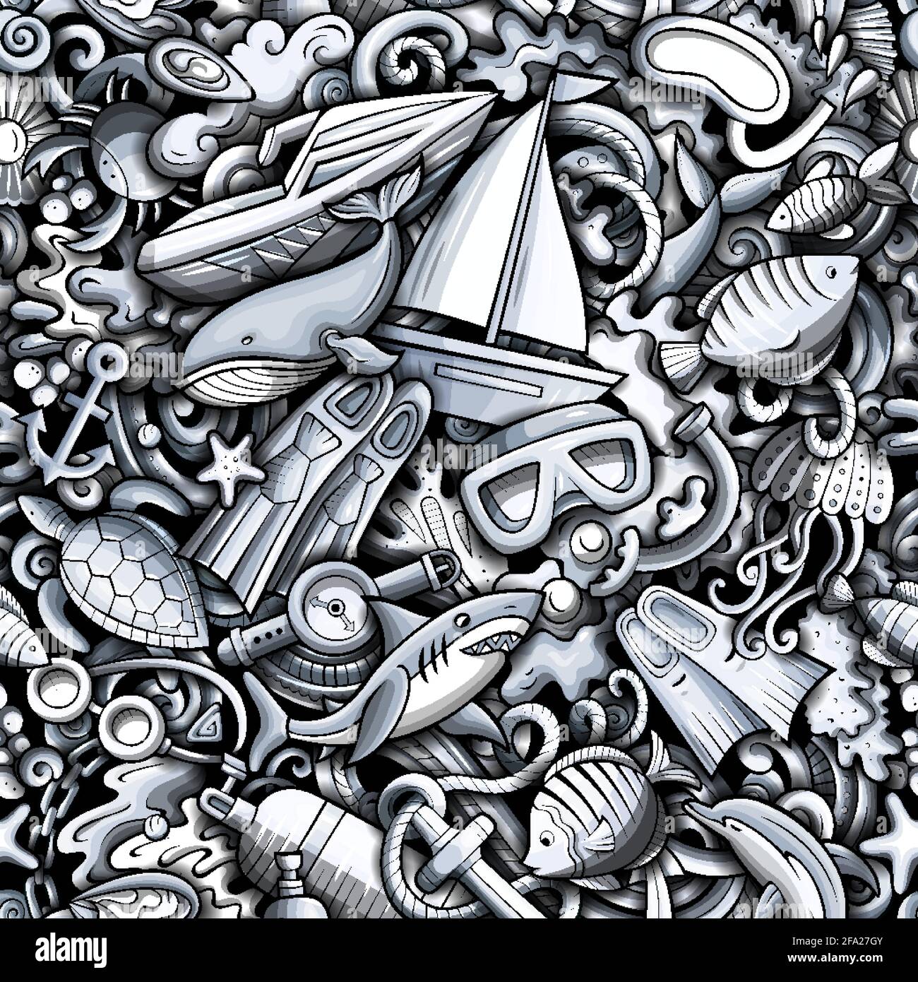 Cartoon doodles Diving seamless pattern. Backdrop with snorkeling ...