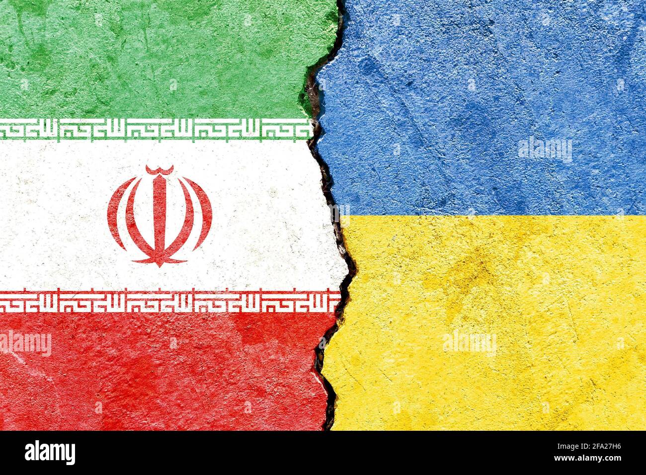Illustration of the flags of Iran and Ukraine separated by a crack ...